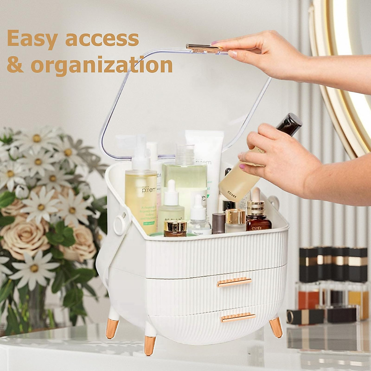 ZOOFOX 3 Pack Makeup Organizer, Cosmetics Storage Display Case with Lipstick and Makeup Brush Organizer, Portable Handle Skincare Holder for Bathroom Countertop, Dresser