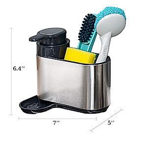 SDlumeiy Stainless Steel and Plastic Soap Dispenser with Sink Caddy, Stainless Steel Sponge Holder, Brush Holder, Kitchen Sink Organizer 7x5x6.4 inches Silver Gray