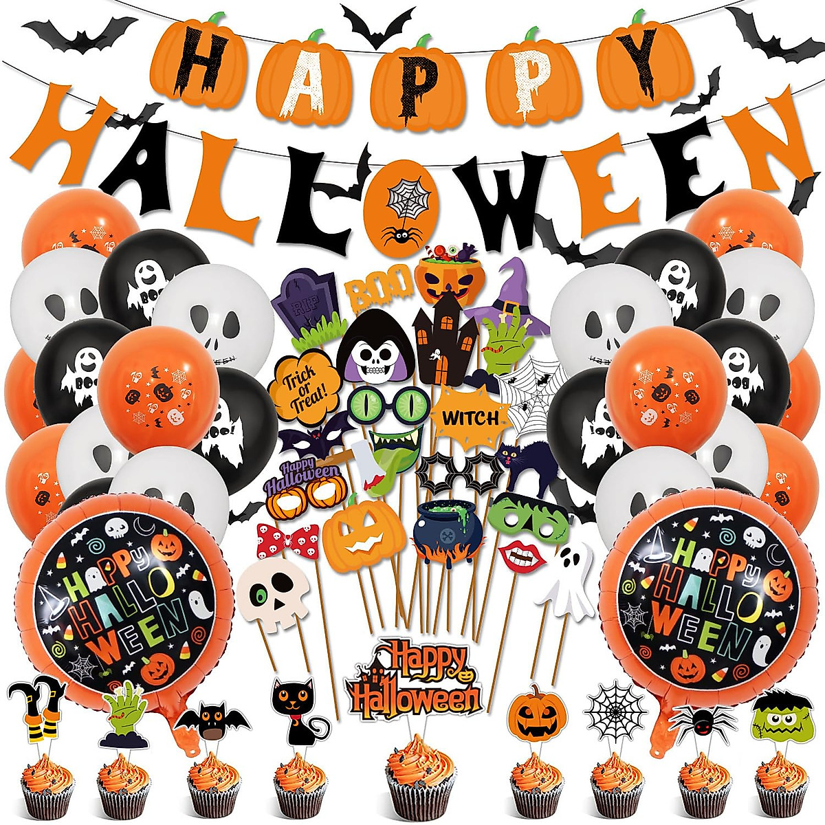 Halloween Party Balloons Banner Supplies Set,include Cupcake Toppers,Selfie Photo Props,Halloween Banner,Bat Wall Stickers,Black Orange Foil Latex Balloons,72Pcs Halloween Theme Party Decorations