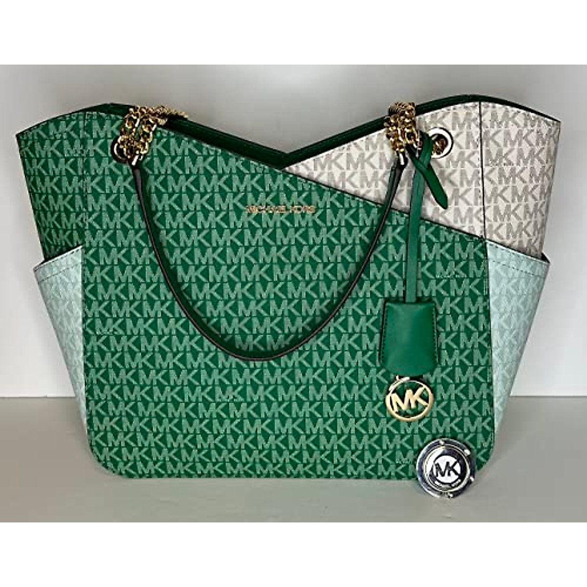 Michael Kors Jet Set Travel Large Chain Shoulder Tote bundled Purse Hook (Palmetto Green MK Colorblock)