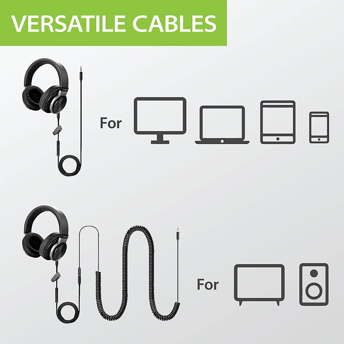 Avantree HF049 Extra Long Coiled Cord Over Ear Wired Headphones for TV (Without Volume Control) and PC, 3.5mm AUX 16ft / 5M Extended Cable with Clip, 50mm Drivers High-Precision Sound, 6.35mm Adapter