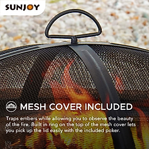 Sunjoy Fire Pit 30 in. Outdoor Wood-Burning Fire Pit, Patio Woven Round Steel Firepit Large Fire Pits for Outside with Spark Screen and Poker