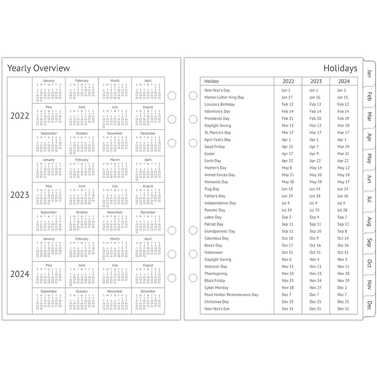 A5 Planner Inserts, Undated Weekly Planner Refills with Coated Monthly Tabs, Daily Schedule, Note Pages, Start Any Time