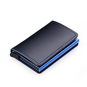 Dlife Credit Card Holder RFID Blocking Wallet Slim Wallet Cowhide Leather Vintage Aluminum Business Card Holder Automatic Pop-up Card Case Wallet Security Travel Wallet (Blue Case)