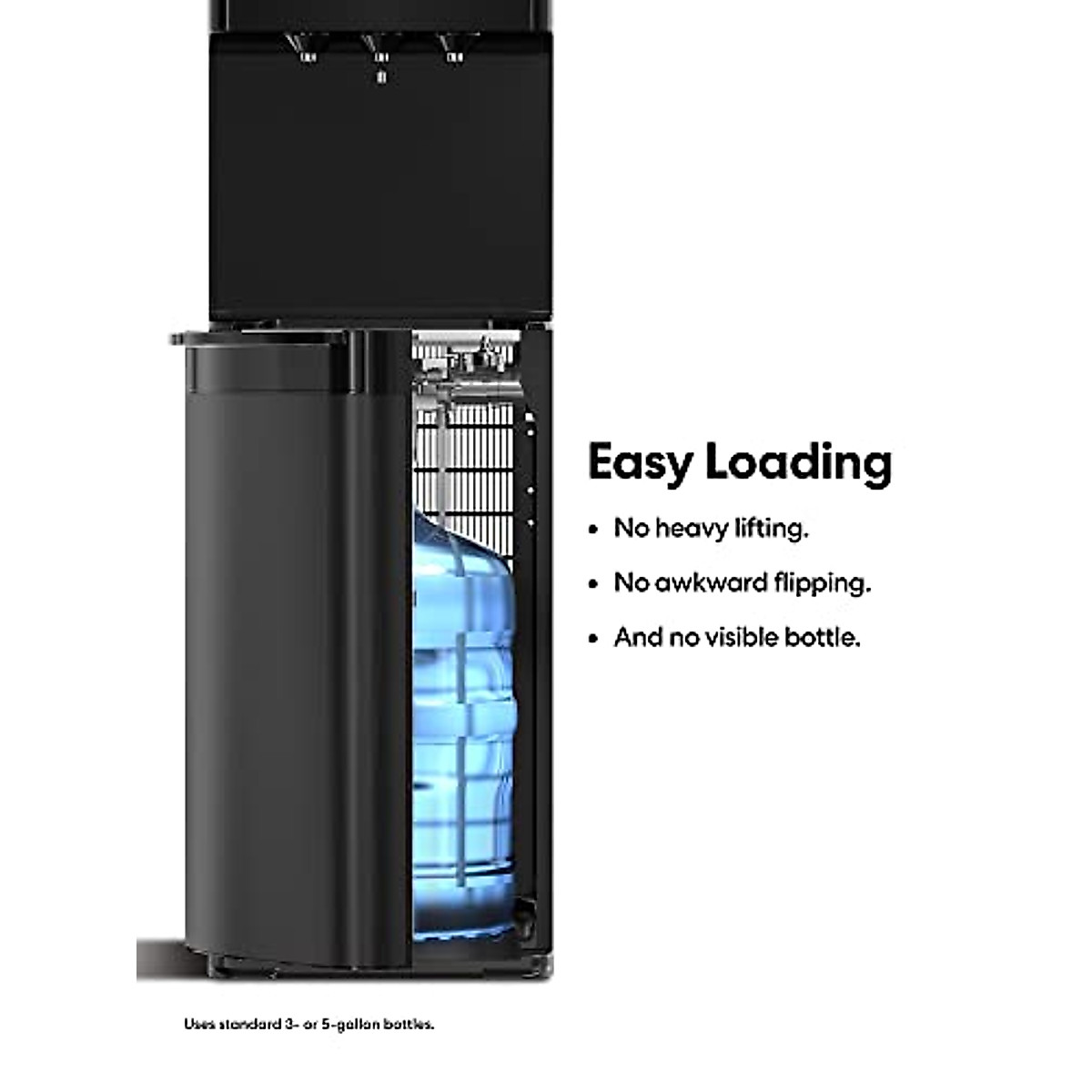Brio CLBL520SCBLK Self-Cleaning Bottom Load Water Cooler Dispenser for 3 & 5 Gallon Bottles – Hot, Room & Cold Spouts, Child-Safety Lock, LED Display & Night Light, Black Stainless Steel