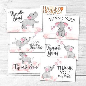 24 Pink Elephant Baby Shower Thank You Cards With Envelopes, Kids Thank You Note, Animal 4x6 Varied Gratitude Card Pack For Party, Girl Children Birthday, Cute Event Appreciation Stationery