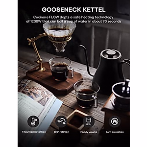 Cocinare Electric Gooseneck Kettle with Temperature Control, Pour Over Coffee & Tea, 1200W 180-sec Quick Boil Time, 600g Ultra Light, 0.9L, Black