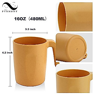 PYRMONT Wheat Straw Cups-Mug Set of 6,Reusable Plastic Coffee Mug,Tea Cup with Handles,16 oz Mug Set for Coffee,Camping,Wine,Unbreakable Drinking Glasses Stackable,BPA-Free,Dishwasher & Microwave Safe