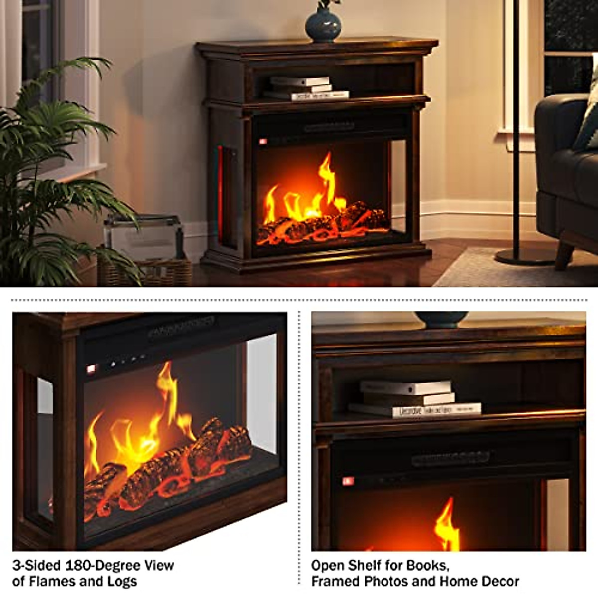 Electric Fireplace - 3-Sided Heater with Mantel and Shelf, Remote Control, LED Flames, Faux Logs, and Adjustable Settings by Northwest (Brown) (80-FPWF-M2)