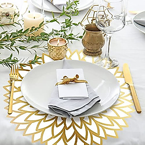 100 Pack Disposable Gold Metallic Round Paper Place Mats 13 Inch Laminated Paper Leaf Dining Table Decoration Pressed Paper Round Table Mates for Dining Table Wedding Home Decoration (Gold Bloom)