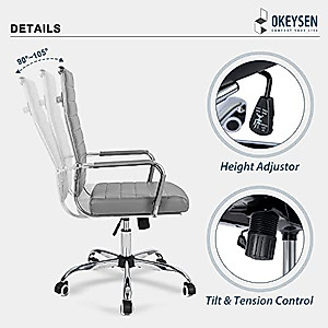 Okeysen Grey Office Desk Chair, Ergonomic Leather Modern Conference Room Chairs, Executive Ribbed Adjustable Swivel Rolling Chair for Home Office.