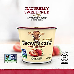 Brown Cow Cream Top Strawberry on the Bottom Whole Milk Yogurt, 5.3 oz. Cup- Creamy, Delicious Yogurt