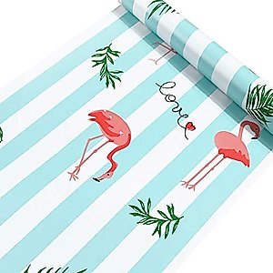 HOYOYO Vinyl Wallpaper Flamingos Palm Leaf Wallpaper Blue White Stripe Decorative Self Adhesive Liner Removable Wall Decoration for Bookshelf Closet Living Room Bedroom Dormitory Office 17.7''x118''