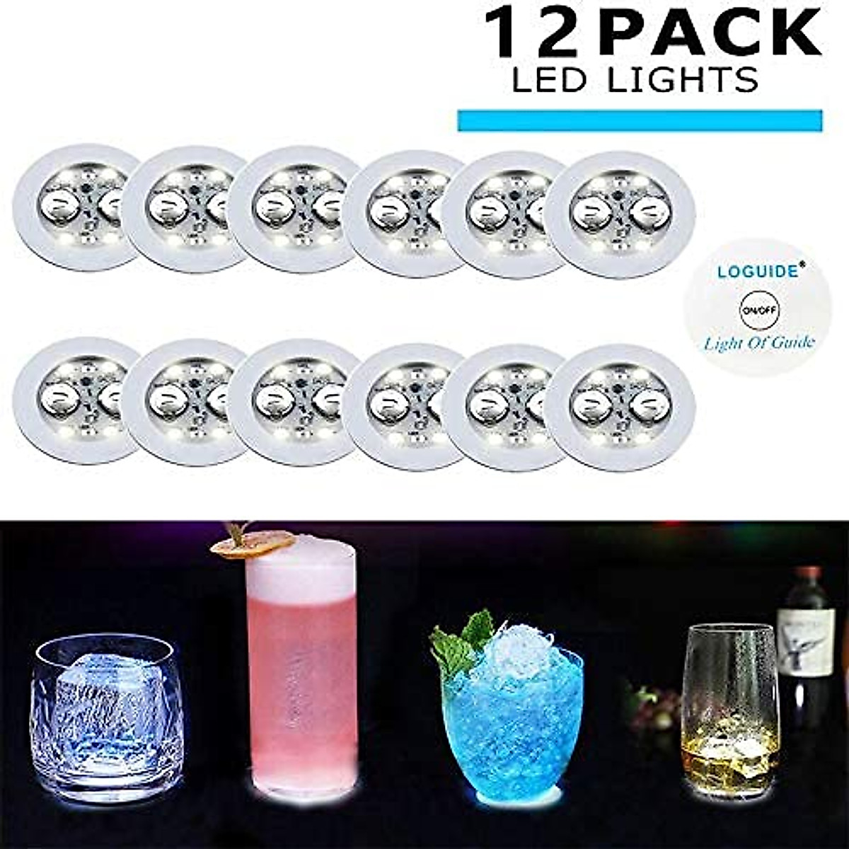 LOGUIDE LED Light Up Coasters,LED Bottle Lights, Bottle Glorifier,LED Sticker Coaster Discs for Drinks,Flash Cup Coaster Flashing Shots Light (Cool-White)