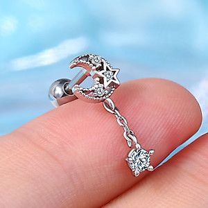 OUFER 16G Stainless Steel Cartilage Earring Moon with CZ Dangle Tragus Earrings Cartilage Earring Stud