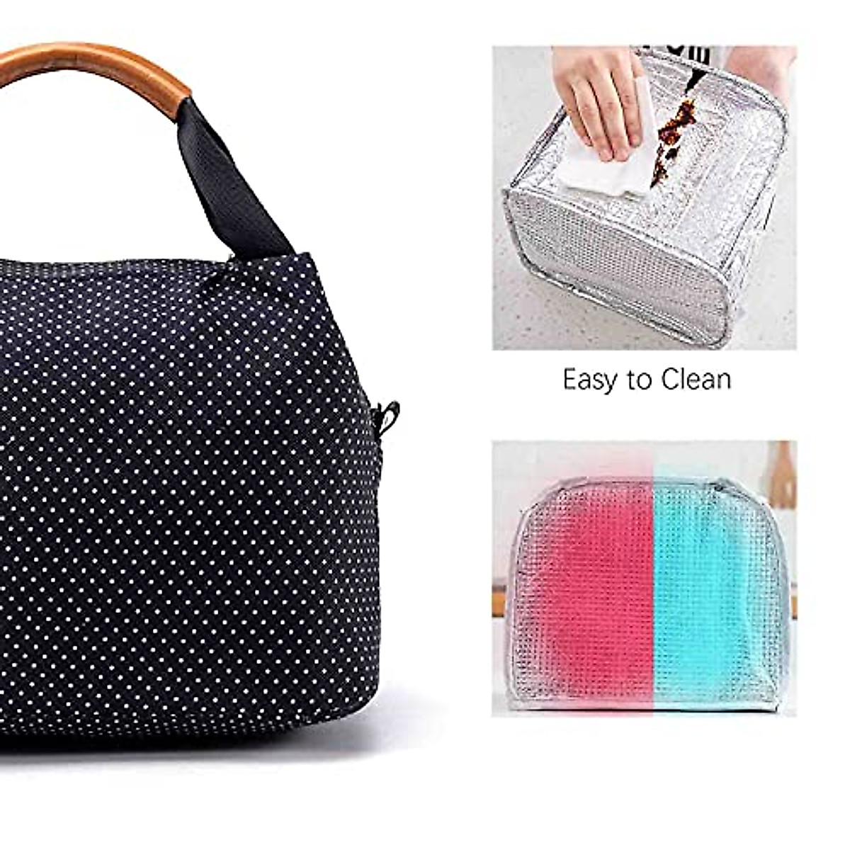 CALIYO Lunch Bag for Women, Insulated Kids Lunch Container with Leather Holder, Foldable Cute Small Cooler Polka Dot Lunch Tote Bag for Office School Picnic Camping Travel, 9L,Black