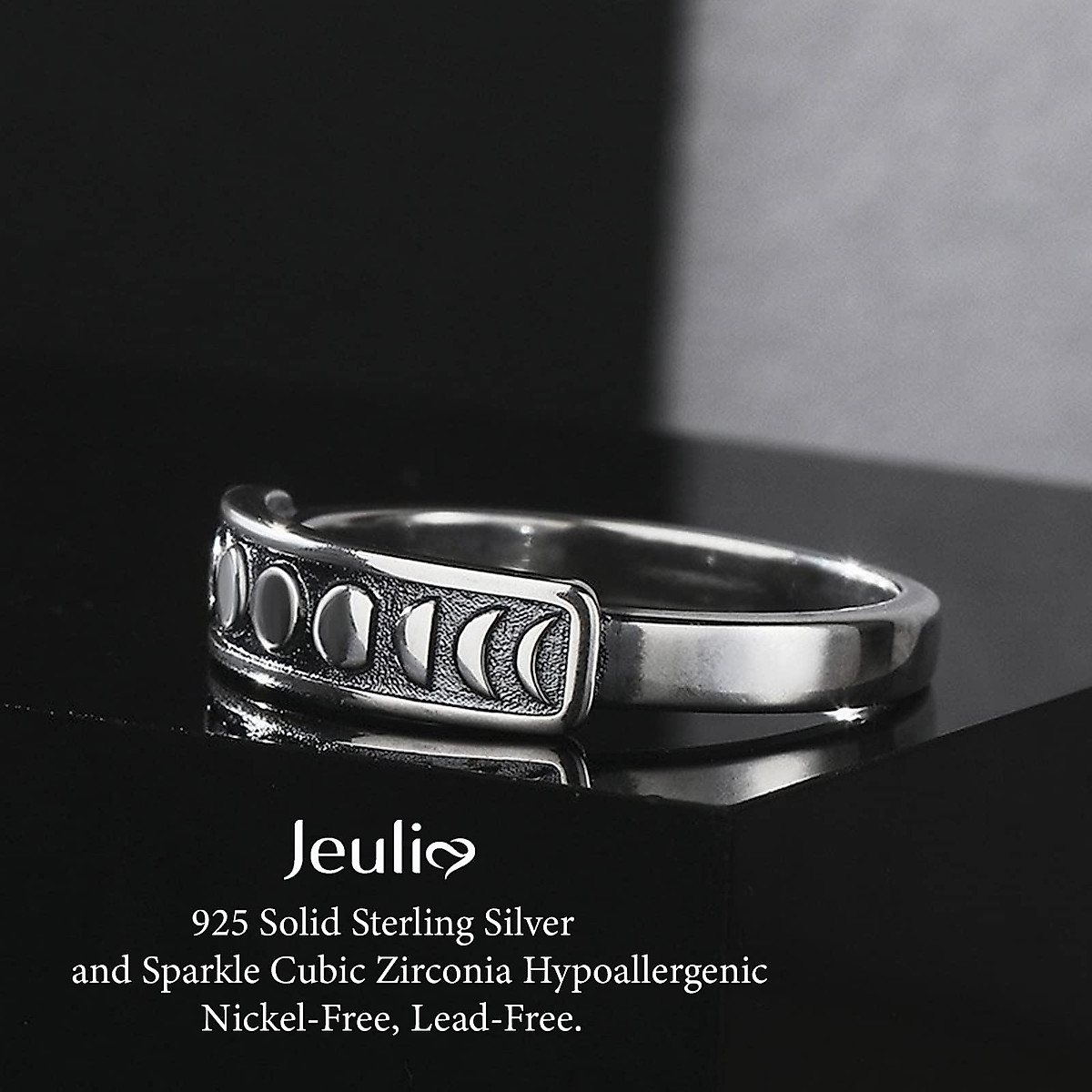 Jeulia Gothic Black Band For Men Women Moon Phase Ring Silver Punk Ring Jewelry Vintage Cool Nature Ring For Teen boys Engagement Band with Jewelry Gift Box (Moon Phase, 8.5)