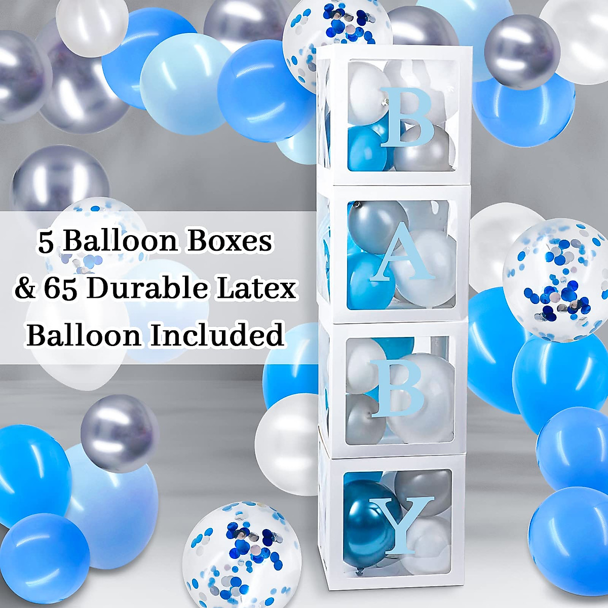 PARTY SPOT! 94 pcs Baby Shower Decorations for Boy, 5 Pcs White Balloon Boxes, 70 pcs Latex Balloons, Blue Elephant Theme Baby Shower Decorations Gender Reveal Party Supplies