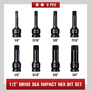 PGROUP 8 PCS 1/2 Inch Drive Allen Impact Socket Set, SAE Hex Socket 1/4" to 3/4", Master Impact Grade Cr-Mo Steel with Heavy Duty Storage Case
