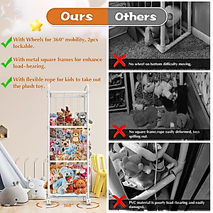 Stuffed Animal Storage, Metal Tube Toy Storage Organizer Extra Large Stuffed Animal Holder With Brake Wheels, Stuffed Animal Zoo Organizer For Nursery Playroom Kids Room White(53.5” x 18.1”x 13”)