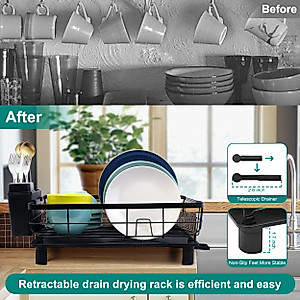 Goderewild Dish Drying Rack for Kitchen Counter,Space-Saving Dish Rack with Drainboard,Rustproof Countertop Dish Drainer with Utensil Holder for Sink,Black