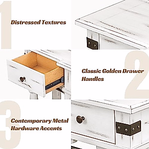 Solid Wood 60" Long Console Table with 3 Storage Drawers and Bottom Shelf, Mediterranean Retro-Style Accent Entryway Sofa Tables for Hallway Living Room, Semi-Open Storage Space (Creamy White-NM)