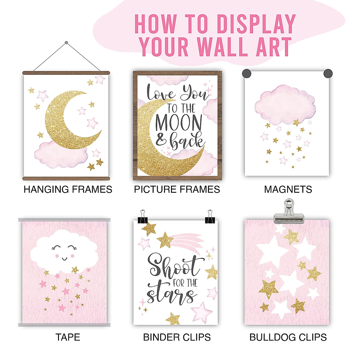 Hadley Designs 6 Reversible 8x10 Moon and Stars Nursery Decor Prints, Shower Decorations, Moon and Stars Wall Decor For Baby Girl Nursery Wall Art, Baby Girl Nursery Wall Decor For Girls Bedroom