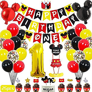 Mouse 1st Birthday Party Supplies Decorations 57Pcs - Happy Birthday Banner ONE Banner Balloons "1" Foil Balloon Hat Door Sign Cupcake Topper Video Game Birthday Decorations for Boys Girls Kids Babies