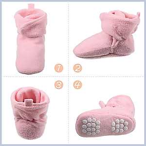 SATINIOR 3 Pairs Unisex Cozy Fleece Baby Booties with 3 Pairs Infant Cotton Socks (White, Gray, Pink,0-6 Months)