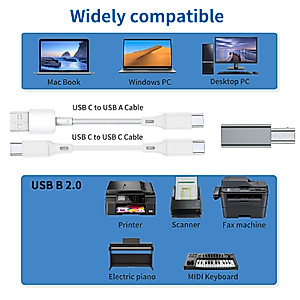 USB C Female to Printer Male Adapter (2-Pack), USB Type C to USB B Convert Connector Support Data Sync Compatible with Brother HP Canon Lexmark Epson Dell Xerox Samsung etc and Piano DAC (Grey)