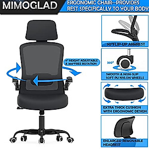 Ergonomic Office Chair, Home Office Desk Chair with Adjustable Headrest & Lumbar Support. High Back Mesh Computer Chair with Thickened Cushion &Flip-up Armrests, Task Executive Chair for Home Office