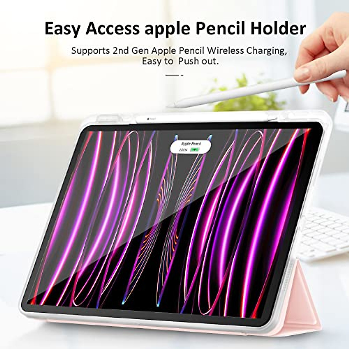 Hoidokly Case for iPad Pro 12.9 6th/5th/4th/3rd Generation (2022/2021/2020/2018), Thin Clear Shell Smart Trifold Stand 12.9 inch Protective Transparent Cover with Pencil Holder Auto Sleep/Wake, Pink