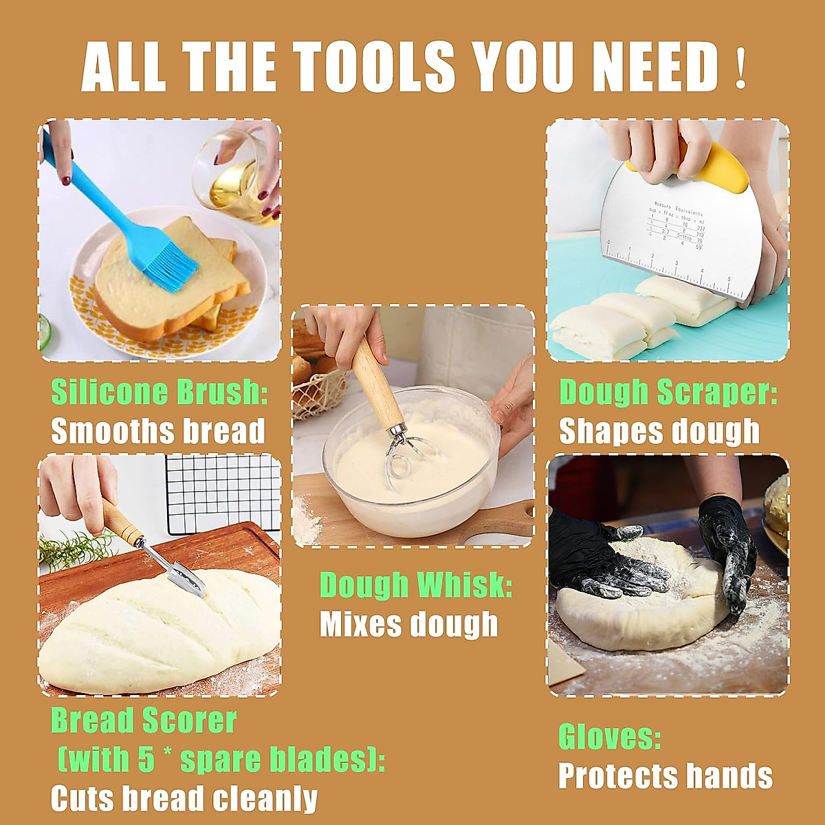 Silicone Banneton Bread Proofing Basket Set Of 2 -Sourdough Bread Baking Supplies, 9 Inch Round & 10 Inch Oval Foldable Bread Bowls, bread basket For Proofing Baskets With Essential Tools - Beige