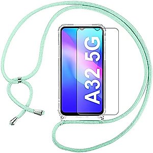 KAPUCTW Crossbody Lanyard Case for Samsung Galaxy A32 5G 6.5" + 1 x Tempered Glass Screen Protector,Adjustable Cord Strap Necklace Phone Cover TPU Silicone Protective Case for Samsung A32 5G,Green