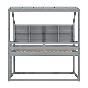 Bellemave Twin Size House Bunk Bed with Bookshelves for Kids,Twin Over Twin Floor Bunk Beds with Semi-Enclosed Roof,Solid Wood Twin Size Low Bunk Bed for Girls Boys,Gray