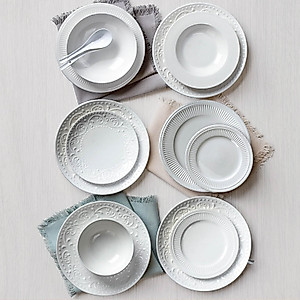 Artena Embossed Ceramic Salad Plates, White Dinner Plates 8.25 inch, Kitchen Plates Set of 4, Pasta Plate for Appetizer, Dessert, Serving Dishes for Entertaining, Party, Microwave/Oven/Dishwasher Safe