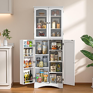 Gizoon 64" Kitchen Pantry Cabinet, Tall Storage Cabinet with Glass Doors and Adjustable Shelves, Freestanding Floor Cabinet Cupboard for Kitchen, Living Room, Dining Room (White)