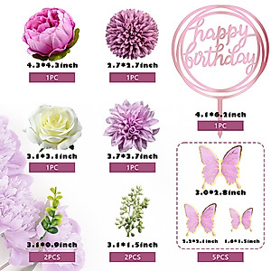 14 PCS Butterfly Cake Toppers Happy Birthday Cake Decorations with Artificial Purple Flowers Eucalyptus Butterflies for Girls Birthday Party Wedding Baby Shower Supplies (Purple)