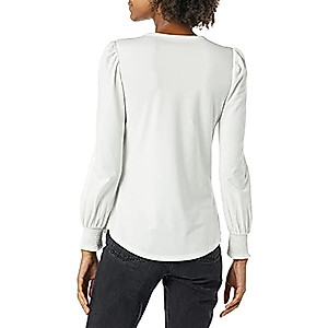 Amazon Essentials Women's Long-Sleeve Crewneck Smocked Cuff T-Shirt, White, Small