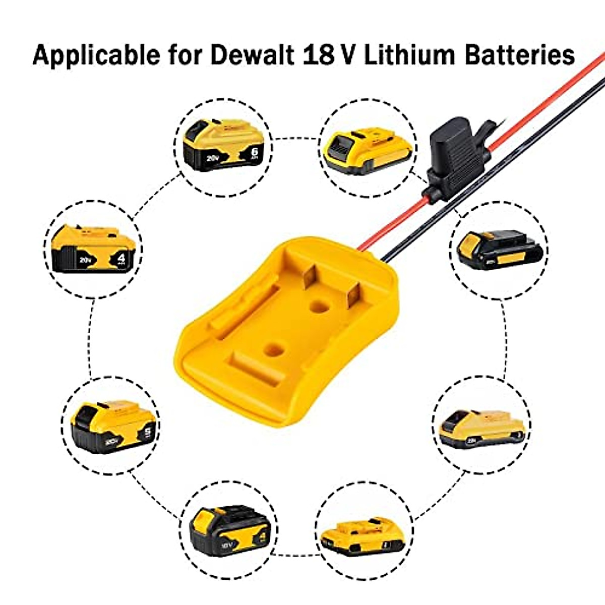 2 Packs Power Wheel Adapter for Dewalt 20V Battery with Fuse & Wire terminals, Work with for Dewalt 20V DCB205 DCB206 DCB200 Lithium Battery; Power Connector for Rc Car, 14AWG Robotics, DIY use