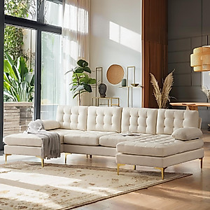 VINGLI 110" Modern U Shaped Sectional Sofa Couch with 51" D Double Chaise for Living Room, Large Tufted Button Couch Sets with 5.9" Thickness Seating Padding for Small Spaces (Beige,Tufted Button)