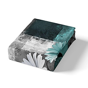 Flowers Geometric Full Size Fitted Sheet,Green Grey Black Square Print Soft Luxury Bedding Set,3D Floral Abstract Art Graffiti Bed Cover All Round Elastic Pocket with 2 Pillowcases