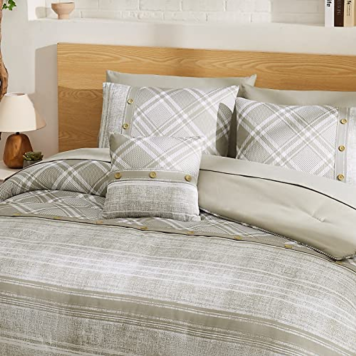 WRENSONGE Plaid Spliced King Comforter Set, 8 Pieces, Light Grey, 102"x 90"