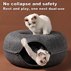 Large Cat Tunnel Bed for Indoor Cats with 3 Toys, Scratch Resistant Donut Cat Bed, for Cats up to 22 Lbs (L(24x24x11), Dark Grey)