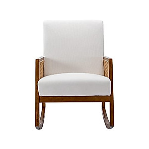 QQU Modern Rocking Chair, Linen Nursery Glider Rocker with Padded Seat Solid Wood Base, Comfy High Back Arm Chair for Living Room, Bedroom, Baby Room (Beige)