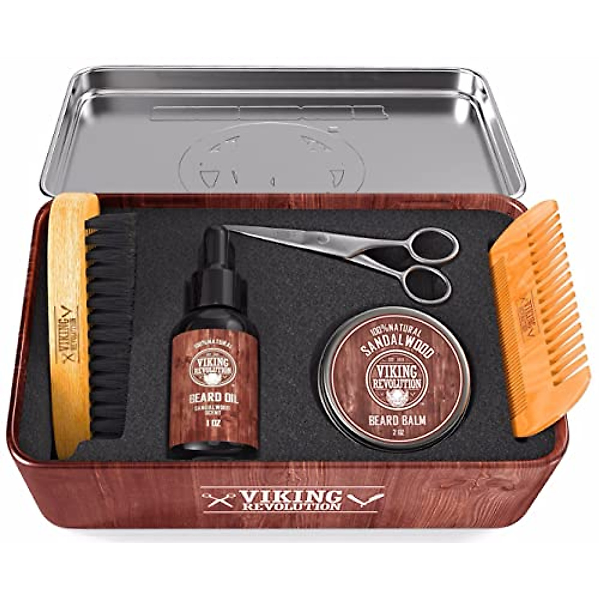 Viking Revolution Beard Grooming Kit for Men - Ultimate Beard Kit - Boar Beard Brush, Wood Beard Comb, Sandalwood Beard Balm, Sandalwood Beard Oil, Beard & Mustache Scissors