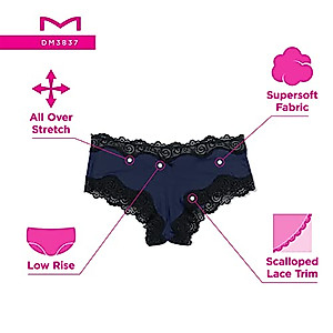 Maidenform Women's Underwear, Low-Rise Cheeky, Scalloped Lace Hipster Panty, 3-Pack, Black/Navy Black/Black Rum Raisin