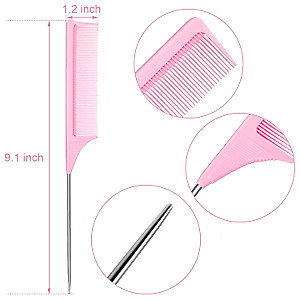 3 Packs Rat Tail Comb Steel Pin Rat Tail Carbon Fiber Heat Resistant Teasing Combs with Stainless Steel Pintail (Pink)