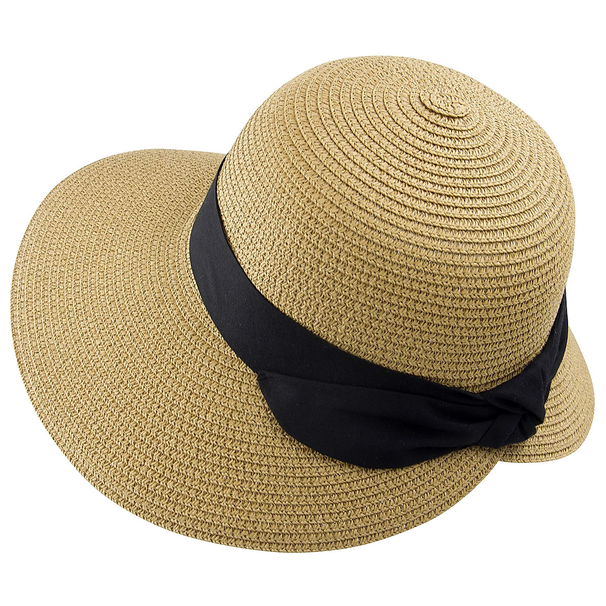 Womens Sun Straw Hat Wide Brim UV Protection Summer Hat Foldable Roll up Floppy Beach Hats with Bowknot Brown