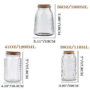 Piscepio Canister Glass Jars with Cork Lids Set of 3 in 38oz, 41oz & 56oz, Embossed wooden Stopper Glass Containers, Retro Design Decorative Kitchen Counter, Pantry Jars for Candy Cookie Food Storage